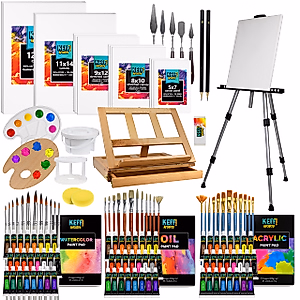 KEFF Large Super Deluxe Artists Painting Set - Professional Art Paint Kit Supplies for Adults and Kids with Acrylic, Watercolor & Oil Paints, Field & Table Easel, Canvases, Brushes and More