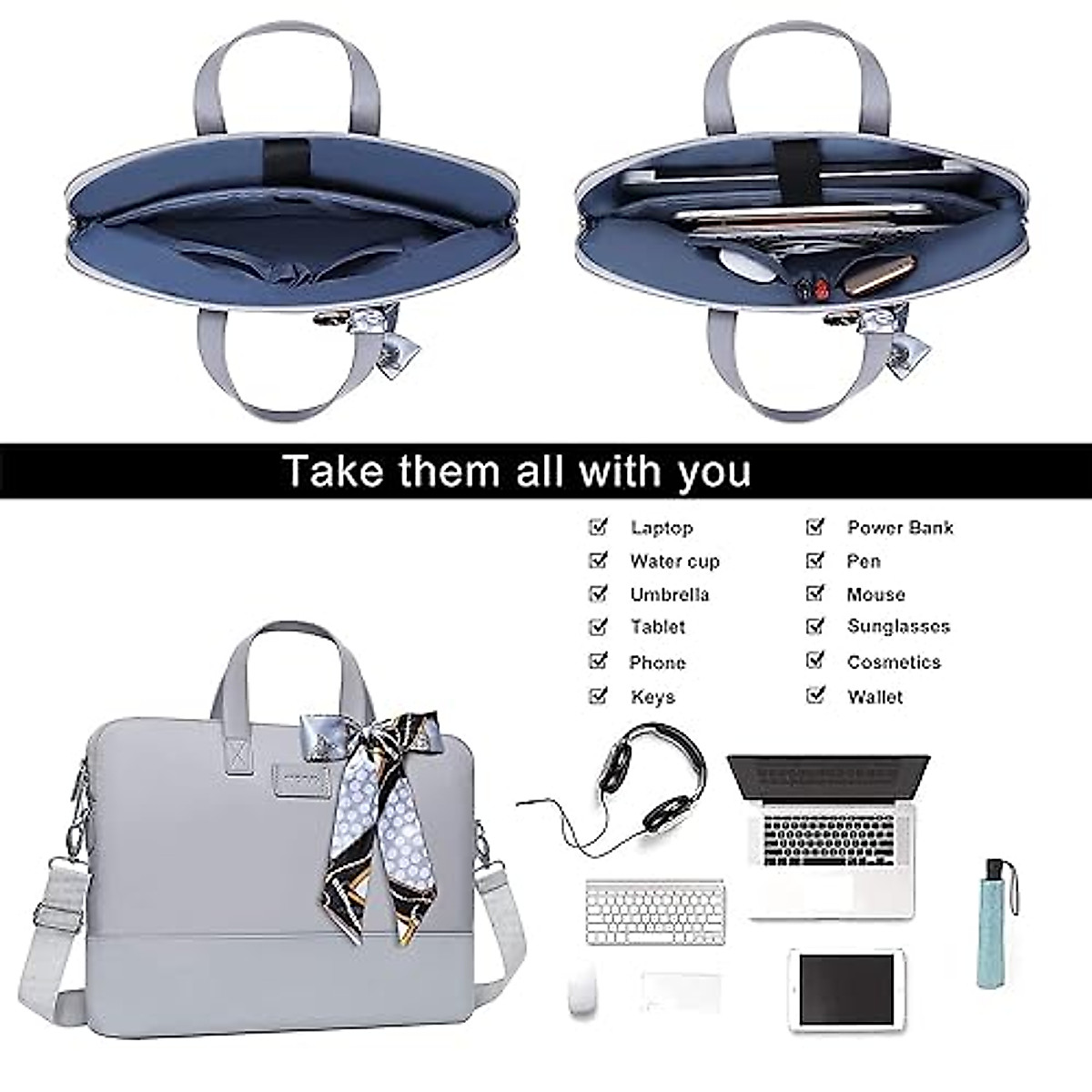 MOSISO Laptop Bag for Women, 15.6 inch Computer Bag Compatible with MacBook Pro 16 inch, HP, Dell, Lenovo, Asus, Razer Notebook, Laptop Shoulder Briefcase with Strap and Silk Scarf, Grey
