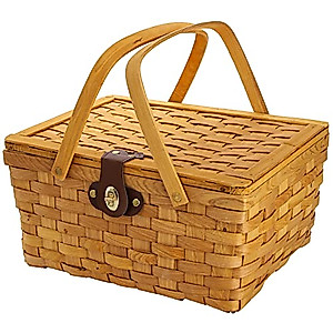 Yesland Picnic Basket with Lid and Double Folding Handles, Wood Chip Easter Basket with Gingham Pattern Lining Organizer - Blanket Storage for Egg Gathering Wedding Candy Gift - 13.8 x 9.7 x 7 Inch