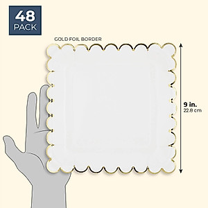 Juvale 48 Pack Square White and Gold Paper Plates with Foil Scalloped Edges for Wedding, Bridal Shower, Birthday (9 In)