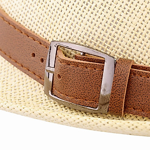 FALETO Straw Fedora Hat Classic Panama Trilby Hats Short Brim Sun Hat for Men Women Beige