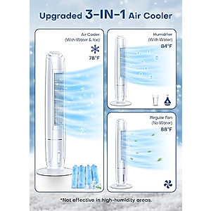 43-INCH Air Conditioner Portable for Room, BREEZEWELL Evaporative Air Cooler, 60° Oscillating Cooling Fan w/Remote, 12H Timer, 3 Speeds, 4 Ice Packs, Windowless Swamp Cooler for Bedroom Home Office