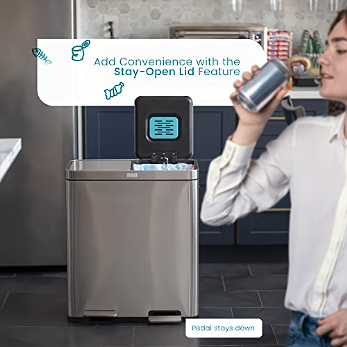 Home Zone Living 16 Gallon Dual Trash Can for Recycling and Trash with CleanAura Odor Control, 60 Liter Total Capacity, Silver