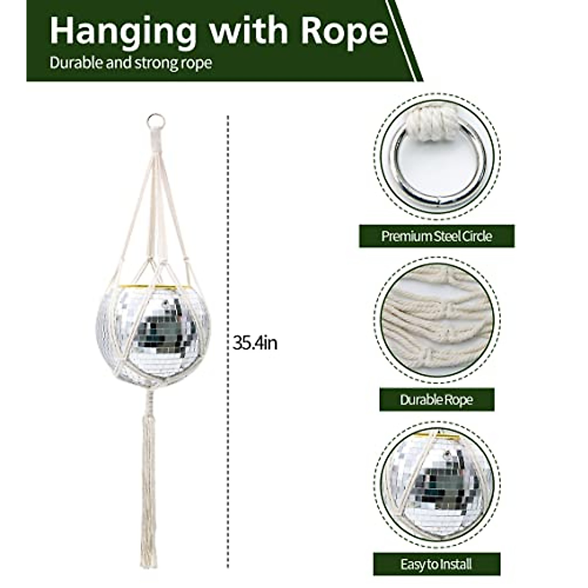 RUBY.Q Disco Ball Planter, 4"/6"/8" Silver/Rose Gold Disco Planter, Disco Ball Plant Hanger with Rope Chain Circle (8", Silver)