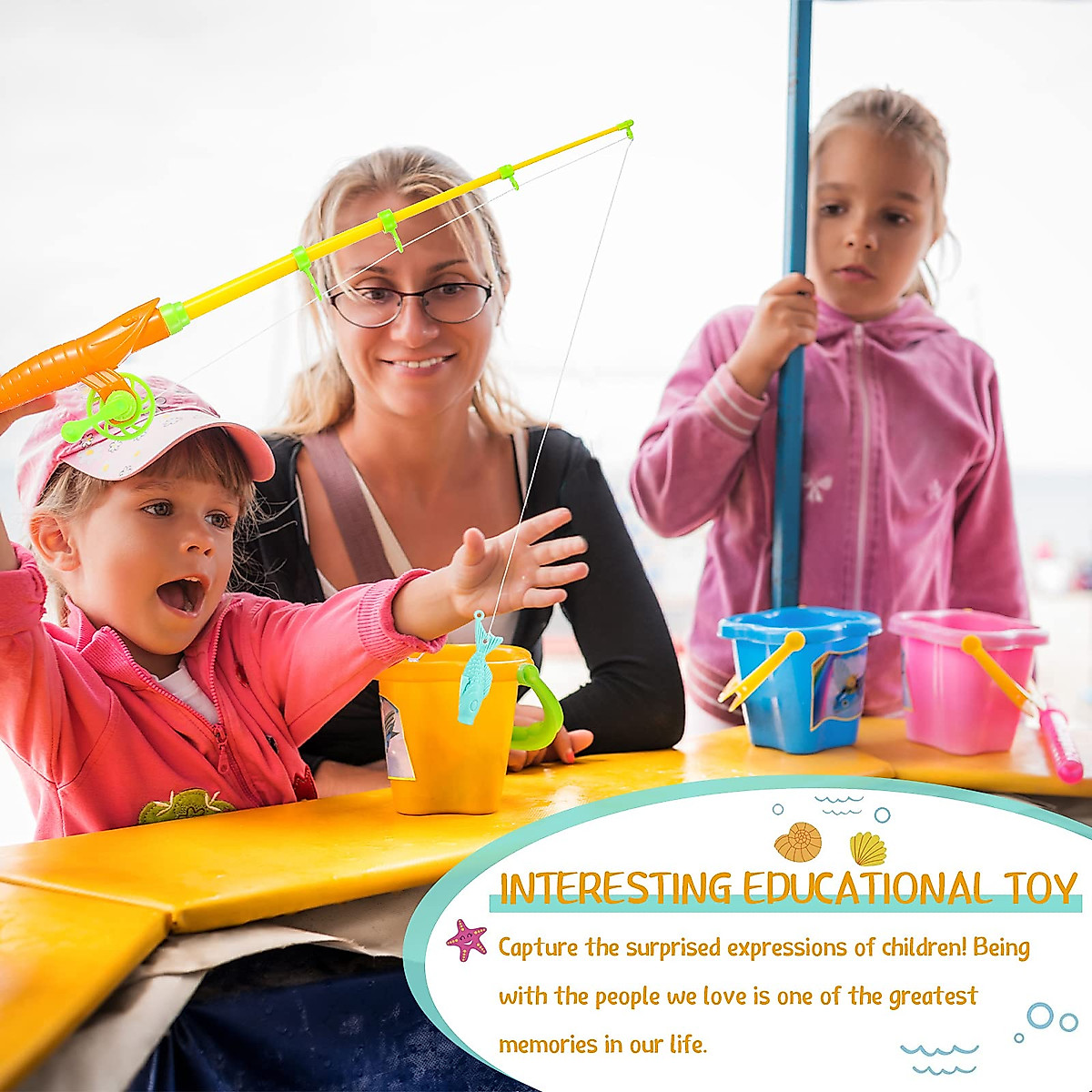 Wettarn 4 Pcs Magnetic Fishing Toy Pole Magnetic Fishing Rod Game 7.3 Inches Summer Bathtub Toys Magnet Plastic Floating Fish Fishing Pool Toy Educational Learning Toys for Girls Boys Teens