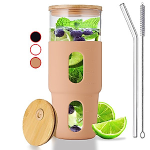 32oz Drinking Glass Tumbler with Bamboo Lid and Straw - Silicone Sleeve - Fits Car Cup Holder - Reusable Boba Smoothie Cup, Spill Proof Travel Water Bottle, Iced Coffee Tumbler, BPA Free - Amber.