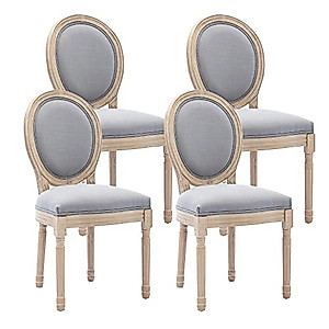 civama Dining Chairs Set of 4 French Vintage, Mid Century Upholstered Farmhouse Fabric Chair with Round Backrest and Solid Rubberwood Leg for Dining Room Bedroom Kitchen Restaurant, Light Grey