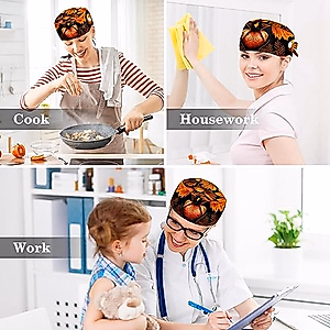 Happy Thanksgiving Acorns Bouffant Working Cap with Ribbon Tie for Women Long Hair, Scrub Surgical Hat, One Size Head Cover