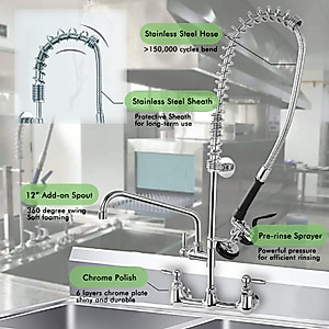 HYAHDEN Commercial Faucet with Pre Rinse Sprayer, 8 Inch Wall Mount Faucet for 3 Compartment Sink, Commercial Faucet Restaurant Kitchen Faucet with 12” Spout, 35" Height, Industrial, Chrome, Brass