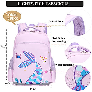 Backpack for Girls Kids Backpack with Lunch Box Mermaid Preschool Kindergarten Back Pack Bookbags with Chest Strap
