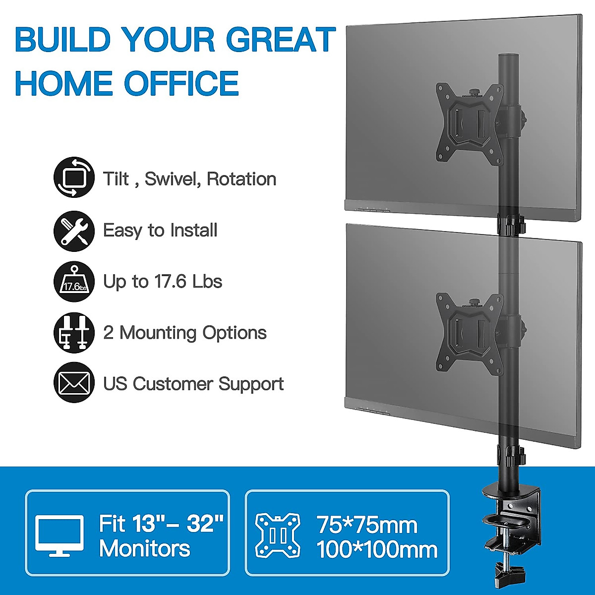 HUANUO Vertical Dual Monitor Mount, Stacked Monitor Stand for 2 Monitors with Height Adjustment Computer Monitor Arm Supports Two 17 to 32 Inch with C Clamp Each Monitor Desk Mount Hold up to 17.6lbs
