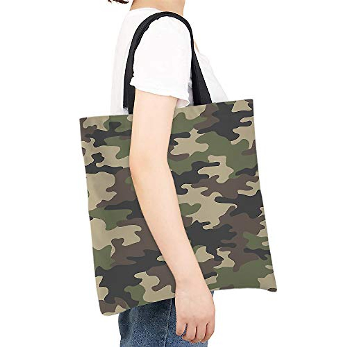 Moslion Green Camouflage Canvas Bags Camo Print JungleTote Bags Laptop Bags Large Bulk Reusable for Women Men Work Study 15x16 Inch