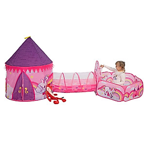 JOYIN Girls Unicorn Princess Pink Castle Play Tent with Pop Up Play Tent, Tunnel and Playhouse with Ball Pit Kids Indoor Outdoor Play Tent Set