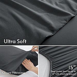 JOLLYVOGUE 6PC King Size Sheet Set, Dark Grey Bed Sheets for Bedroom with Deep Pocket, Cooling 6-Piece Bed Sheet Set with 1 Flat Sheet, 1 Fitted Sheet & 4 Pillowcases