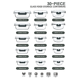 M MCIRCO 30-Piece Glass Food Storage Containers with Snap Locking Lids, [10-Pack,22 Oz] Glass Meal Prep Containers with Lids