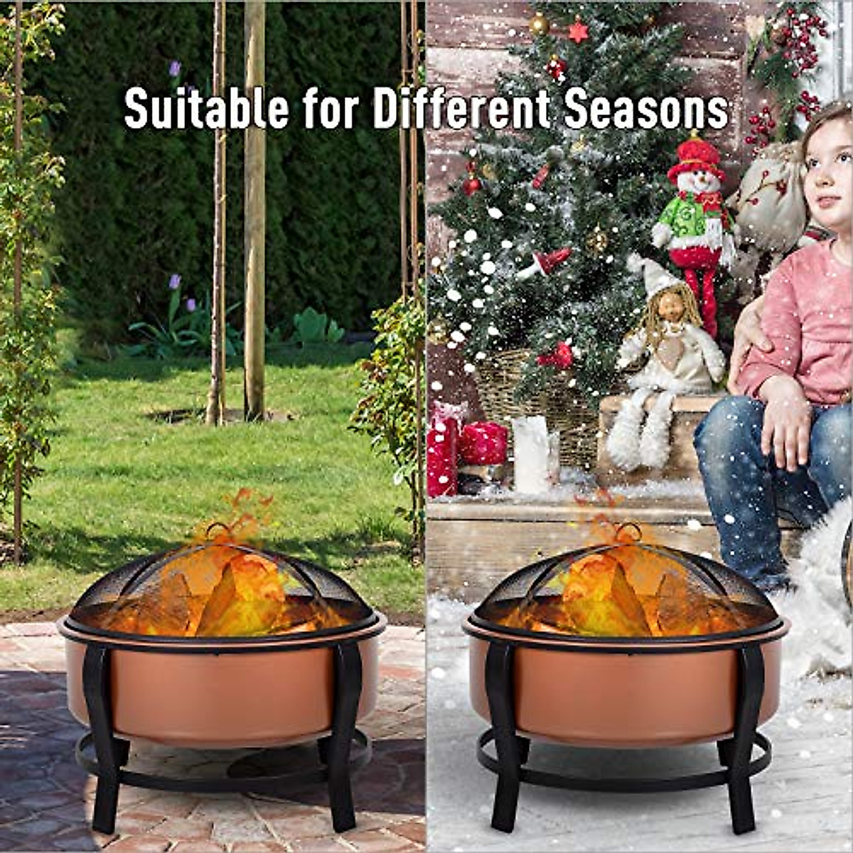 Outsunny 30 Inch Outdoor Fire Pits, Copper-Colored Round Basin Camping Fire Pit, Wood Burning Firepit Bowl with Ornate Black Base, Log Grate, Wood Poker, & Mesh Screen for Embers