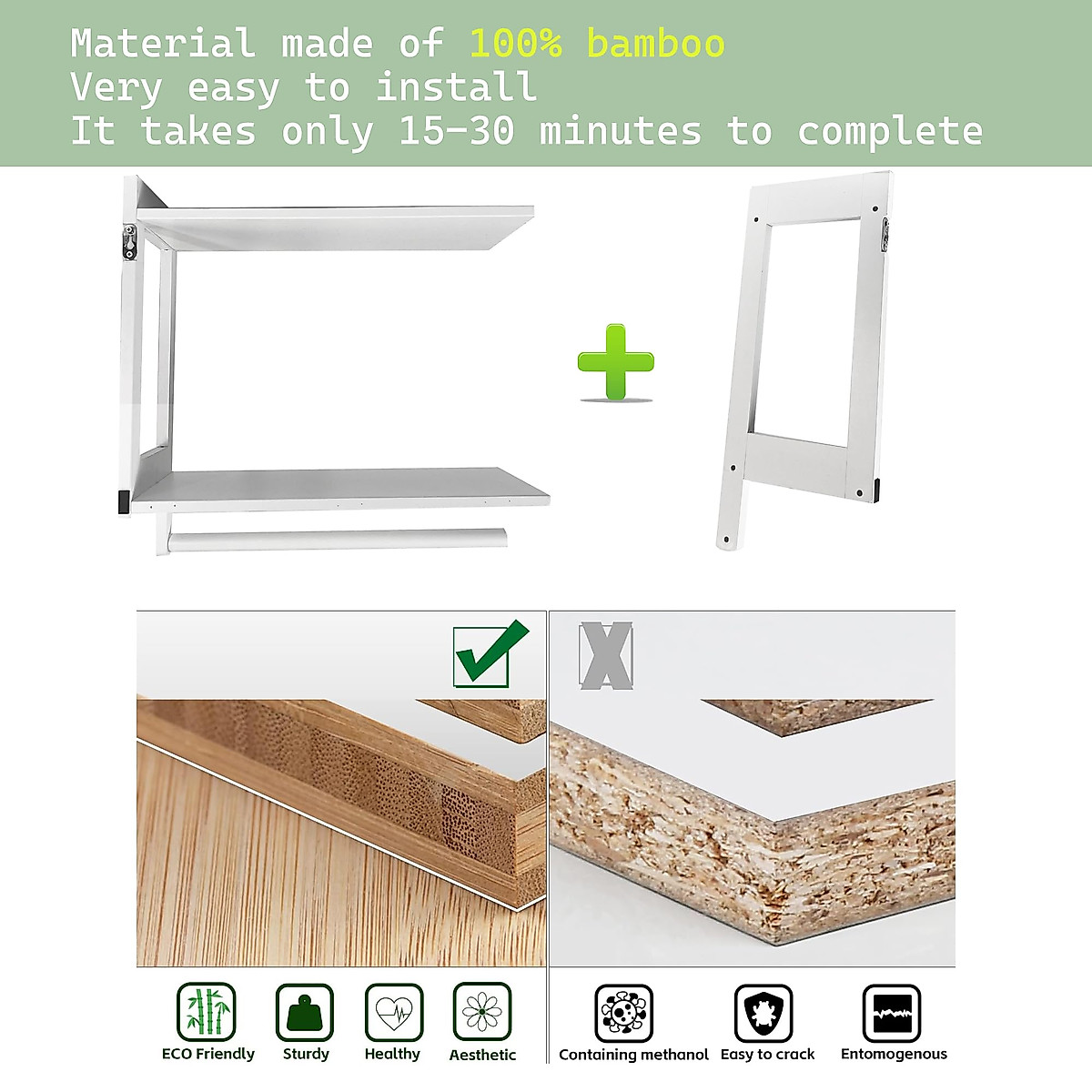 ADREMAN Bathroom Shelf Wall, Over The Toilet Storage Shelves Bamboo Bathroom Shelf Organizer Floating Wall Mounted with Hook and Hanging Rod for Bathroom,Kitchen,Toilet,Living Room (White)