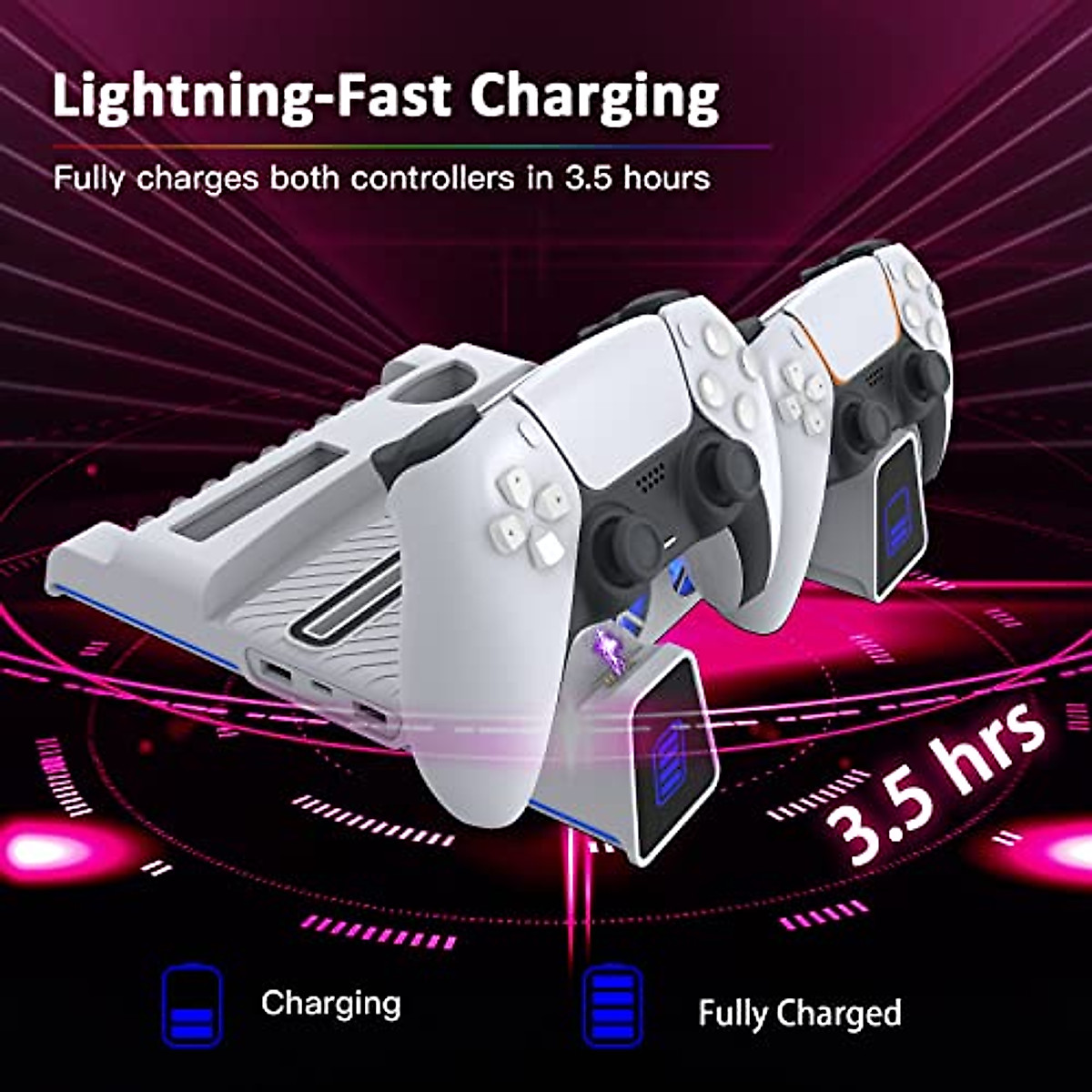 NexiGo PS5 Slient Cooling Stand with RGB LED Light, Dual Charging Station Compatible with DualSense Edge Controller, Hard Drive Slot, Headset and Remote Holders, 10 Game Slots, White