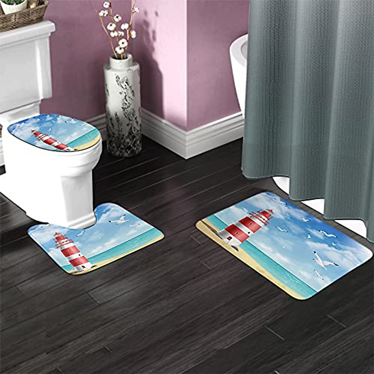 WONDERTIFY Lighthouse Bathroom Antiskid Pad Beach Bright Cloud Blue Sky 3 Pieces Bathroom Rugs Set, Bath Mat+Contour+Toilet Lid Cover Colorful