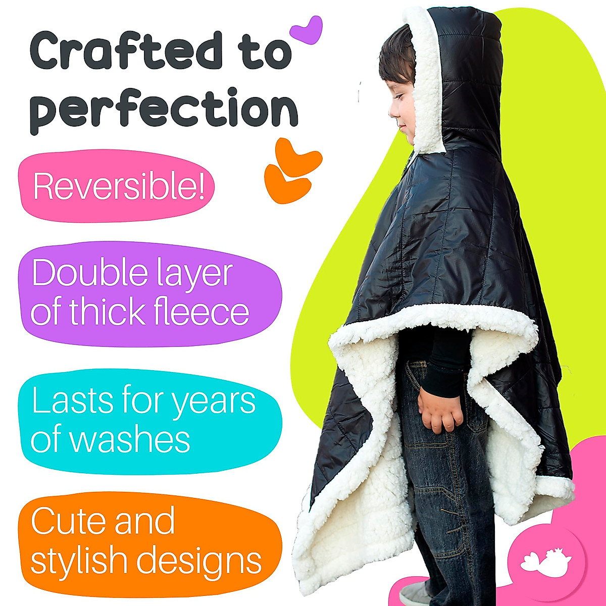 Birdy Boutique Car Seat Poncho for Kids – Safe to Use Over Seat Belts – Reversible Warm and Cozy Blanket – Easy on Easy Off and Doesn’t Impact Car Seat Performance – Black – One Size