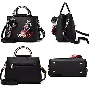 Dayfine Women Purse Top Handle Handbags PU Leather 3D Floral Inlay Satchel Bag Shoulder Crossbody Bags Ladise Medium Tote Bag with Hair Ball Pendant -Blue