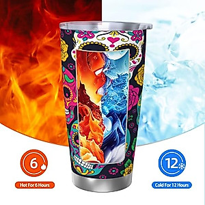 AYCZN Flower Mexico Skull 20 OZ Tumbler Stainless Steel Travel Coffee Mug, Floral Skeleton Insulated Water Bottle with Lid and Straws Leakproof Thermal Cup