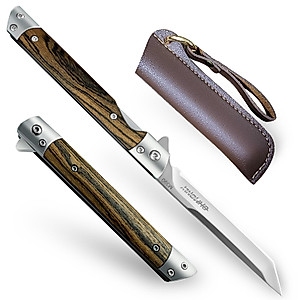 ohmonlyhoo Pocket Knife for Men, 3.5 inch Folding Knife with Wooden Handle and Leather Sheath, Edc ​Tanto Knife for Men and Women