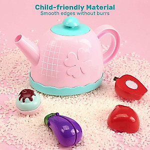 CUTE STONE Toy Tea Set for Little Girls, Kids Tea Party Set Includes Kettle with Light & Music, Teapot, Dessert, Cookies, Play Tea Party Accessories & Carrying Case, Kitchen Pretend Play for Kids