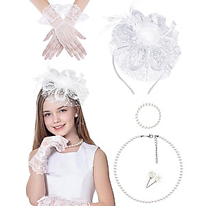 5 Pack White Fascinator for Gril Tea Party Headband Derby Hat Lace Gloves ewelry Pearl Bracelet Earrings Set for 1920s Party
