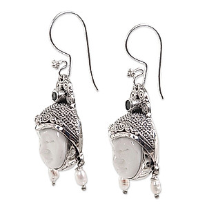 NOVICA Artisan Handcrafted .925 Sterling Silver Bone Dangle Earrings | Handmade Dangle Earring | Freshwater Pearl Earrings Dangle | Artisan Earrings | Jewelry Dangle Earring | Earrings Carved Bone