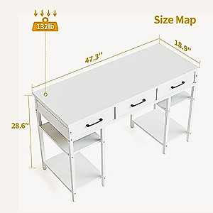 CubiCubi 47 Inch Computer Desk with Fabric Drawers and Storage Shelfs, Small Office Home Desk, Study Writing Table, Modern Simple Desk, White