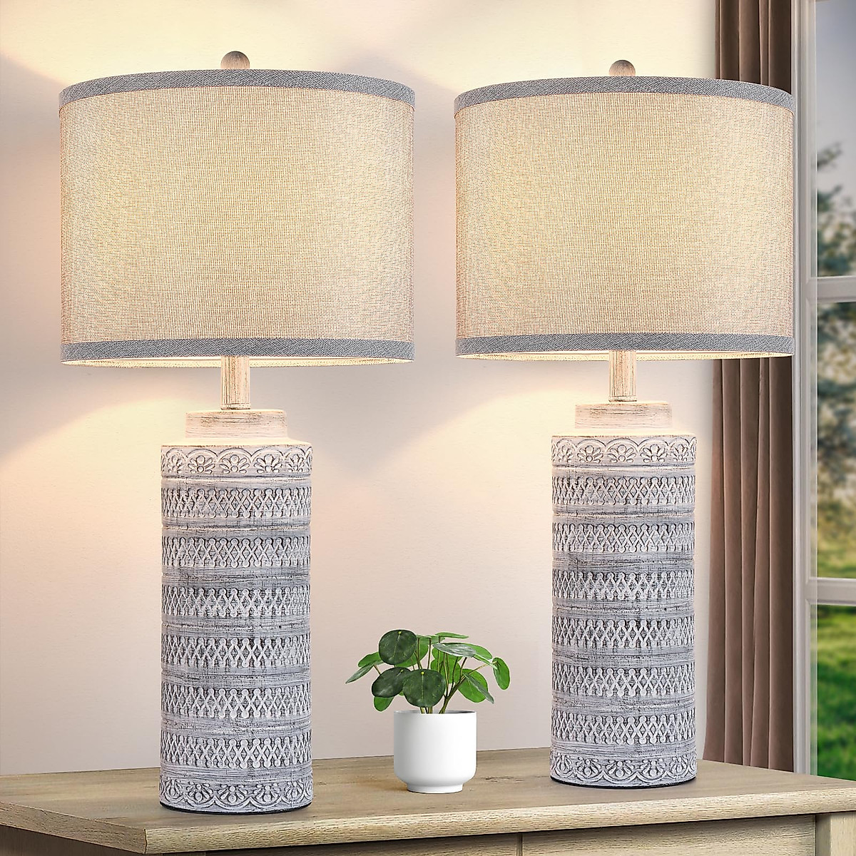 Set of 2 Ceramic Table Lamps, Modern 25.5”Tall Bedside Lamps with Grey Fabric Shade, Farmhouse Desk Lamps with Rotary Switch, Vintage Nightstand Lamps for Bedroom Living Room Home Office Study Hotel
