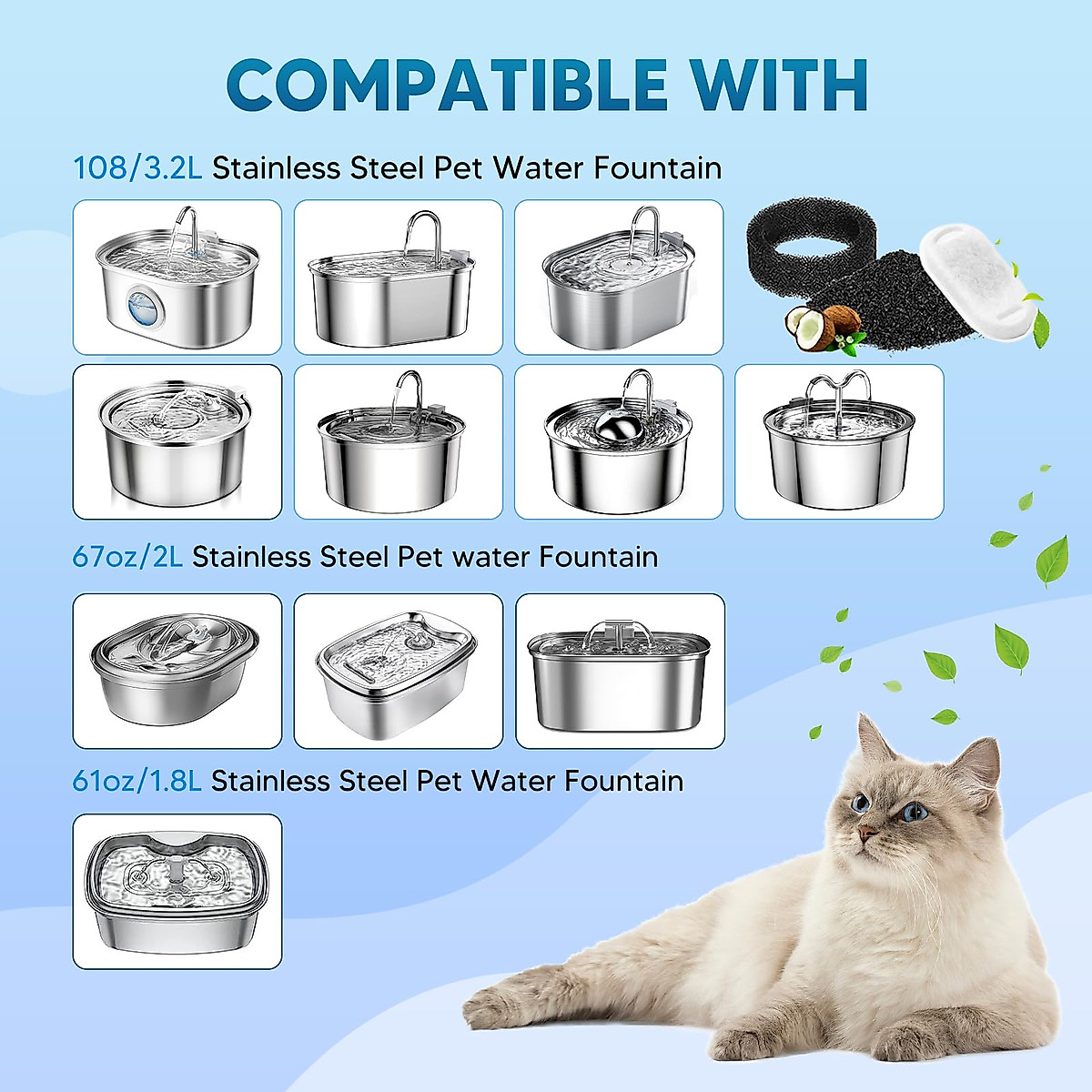 subteenmate Cat Water Fountain Filters 8 Packs Filters & 8 Sponges Foam Filters for Stainless Steel 108oz/3.2L & 67oz/2L