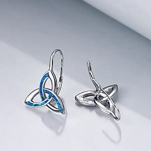 Celtic Trinity Hoop Earrings Sterling Silver Blue Opal Earrings Irish Celtic Jewelry Earrings Opal Leverback Earrings Gifts for Women