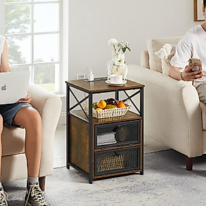 VECELO 24" End Table with Charging Station, Flip Drawer Nightstand Set of 2 with USB Ports and Outlets for Bedroom,Living Room, Rustic Brown