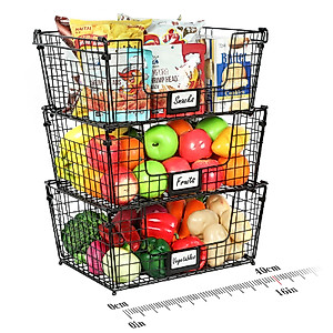 3 Pack XXL Stackable Wire Baskets for Pantry Storage and Organization- Large Metal Storage Bins with Handle and Chalkboard for Fruit Vegetable Snack Food- Kitchen Cabinet Countertop Organizer - Black