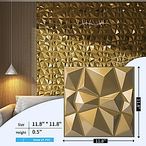 Art3d 3D Diamond Design Paneling for Interior Decor, Living Room, TV Wall Background, Bedroom, Gaming Setup, 11.8" x 11.8", Gold, 33 Pack
