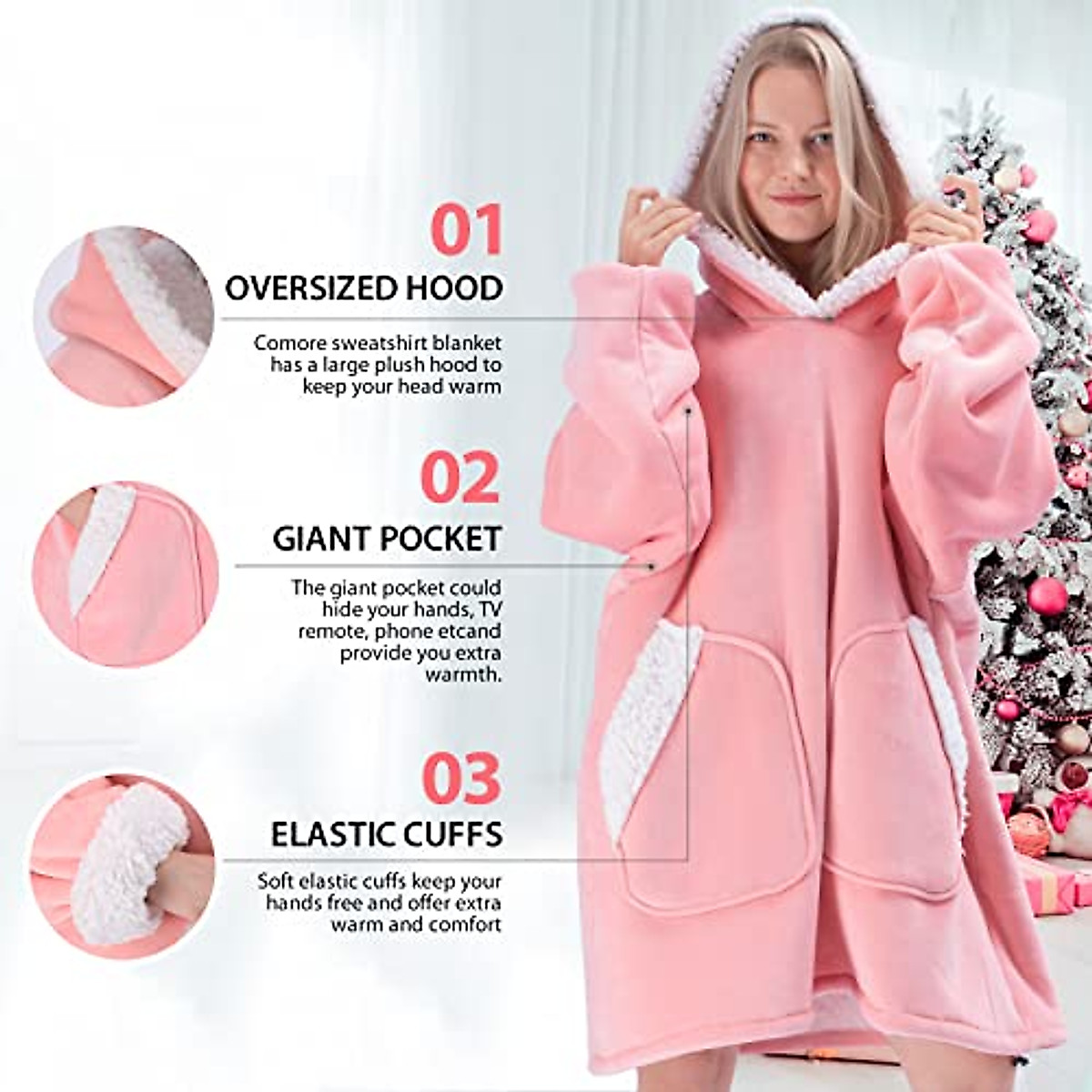 Comore Blanket Hoodie-Oversized Wearable Blanket Sweatshirt Cozy Warm Soft Sherpa with Giant Patch Pockets for Women Kids Men Adults Pink