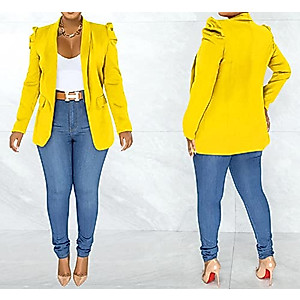 Womens Casual Blazers Open Front Puff Long Sleeve Lapel Work Office Blazers Bussiness Jackets Suit Coat Yellow XX-Large