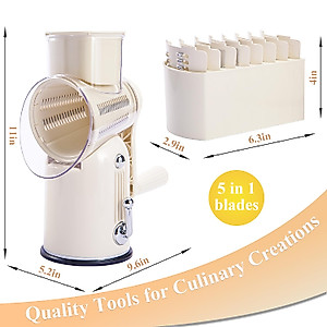 ENERGEVITY Manual Rotary Cheese Grater with Handle, 5 in 1 Replaceable Stainless Blades Cheese Shredder,Strong Suction Base Vegetable Slicer with Cleaning Brush & Bonus Storage Box for Blades (green)