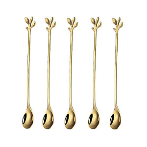 10 Pieces Stainless Steel Leaf Teaspoons Coffee Teaspoon 7.4 Inch Set Stainless Steel Long Handle Spoon Stir Bar Spoon Stirring Spoon Ice Cream Spoon Gold