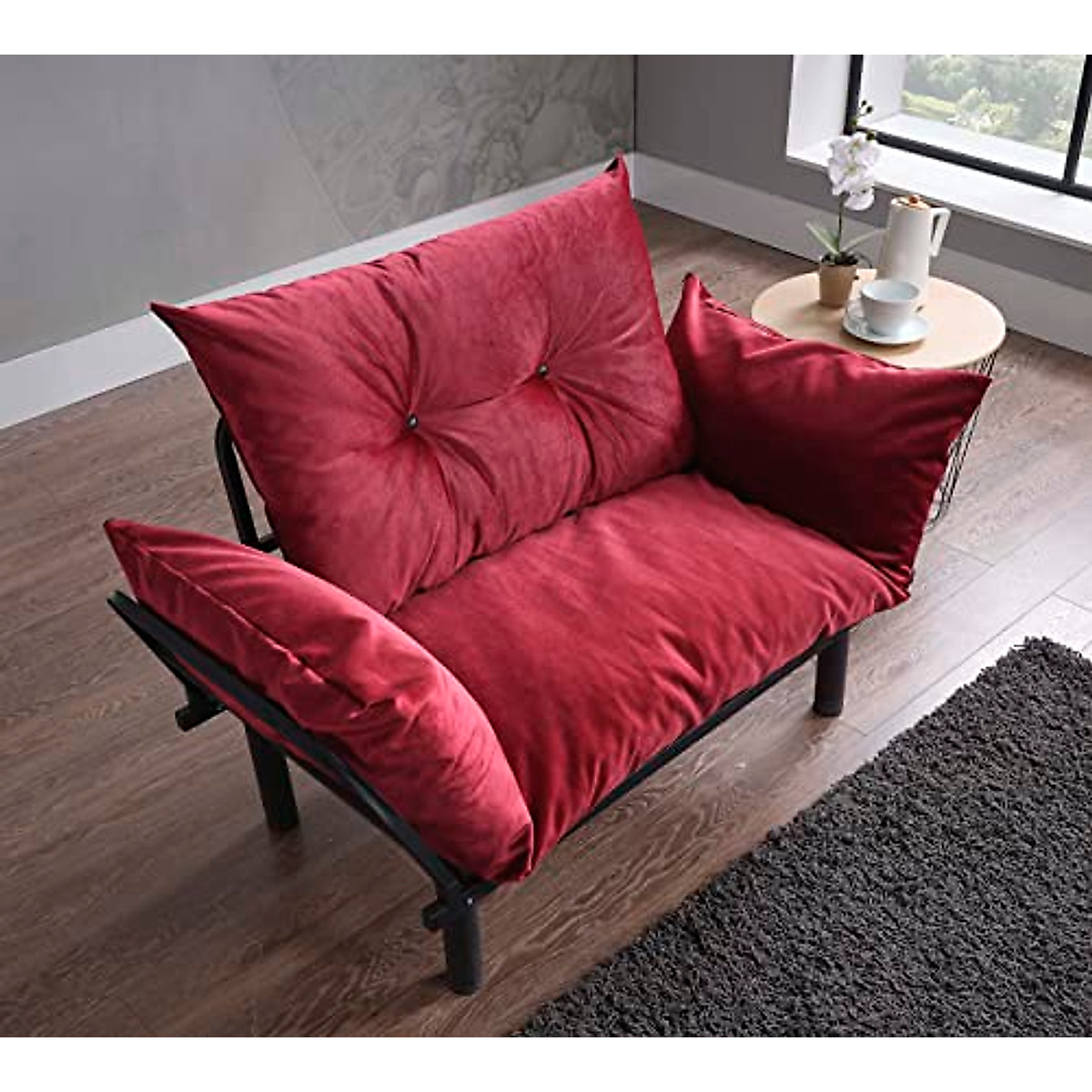 HT Design Sona Extra Wide Modern Futon Loveseat for Living Rooms and Bedroom, Removable Cushions, 49" Wide Furniture for Guest Room Studio Apartments, Red
