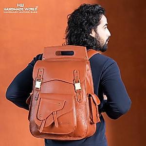 Handmade World Full Grain 18 Inch Leather Laptop Large Backpack Casual Bookbag Daypack Camping Travel Rucksack Knapsack (Tan Brown)