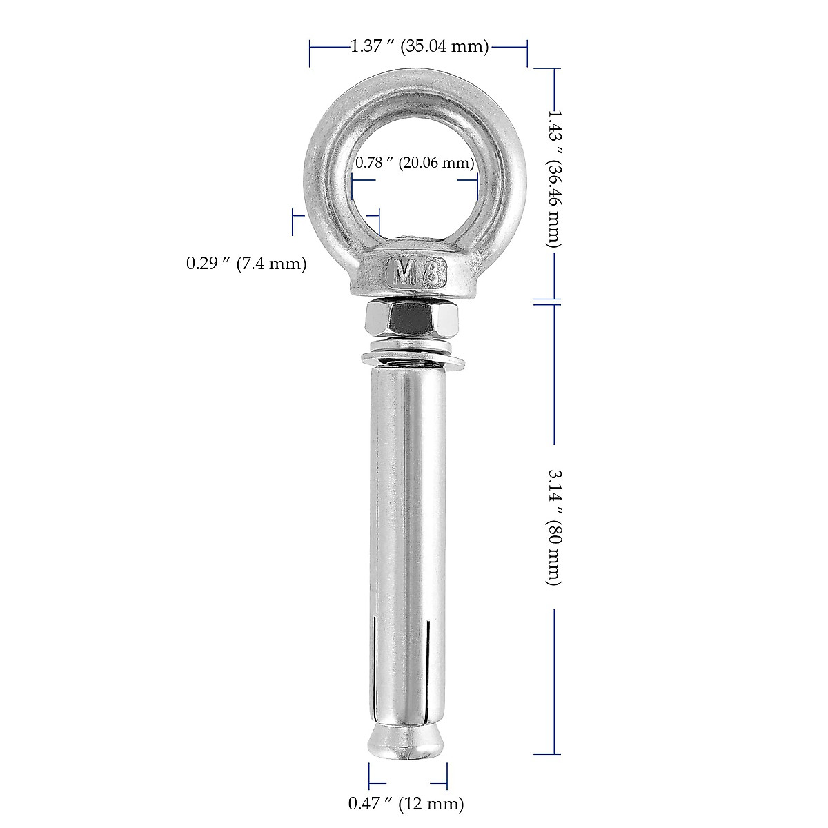HEIHAK 10 Pack M8 x 80mm Expansion Eyebolt, Expansion Screw with Eye Ring Anchor, 304 Stainless Steel Ring Lifting Expansion Eyebolt Internal Bolt Fastener for Concrete, Wall, Masonry Surface