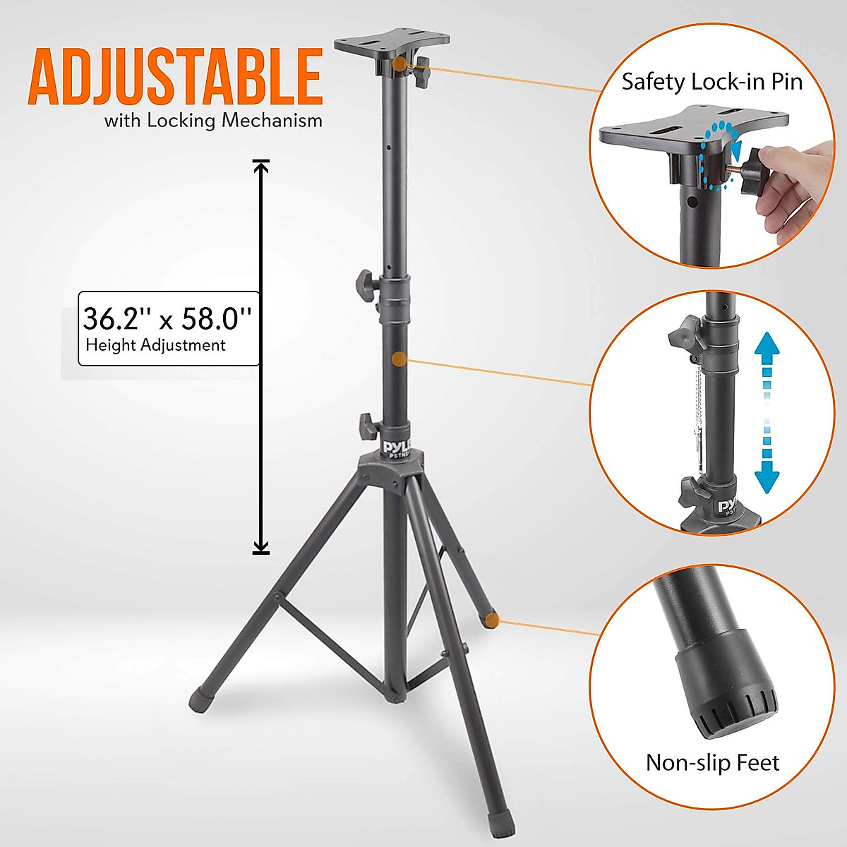 Pyle Universal Speaker Stand - Mount Holder Heavy Duty Rubber Capped Tripod, Adjustable Height from 36.2 x 58.0 inches; Locking Safety PIN and 35mm Compatible Insert; On-Stage or In-Studio Use- PSTND1,Black