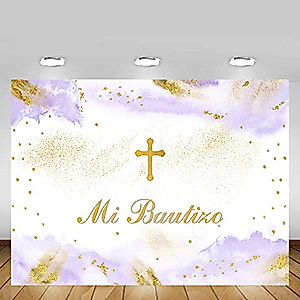 MEHOFOND 7x5ft Mi Bautizo Baptism Backdrop Mexican Gold Bless First Holy Communion Christening Banner Purple Watercolor Clouds Photography Background Party Decoration Photo Booth Props