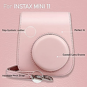 Fujifilm Instax Mini 11 Instant Camera Blush Pink Bundle with Instax Mini Twin Pack Film + Glitter Photo Album Holds 64 Photos + Groovy Case + Cloth (5 Items)
