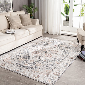 Syalife Vintage Area Rugs Washable Rug, Living Room Rug with Non Slip Backing, Distressed Indoor Carpet Non-Shedding Rug, Vintage Floor Mat Indoor Rug, Grey/Beige/White, 5'x 7'