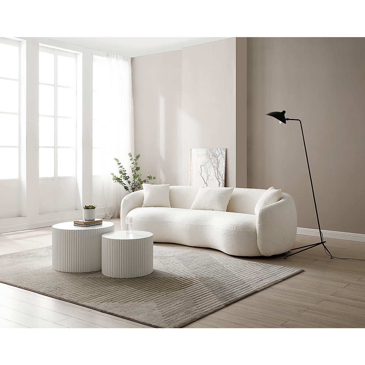 JUSTONE 94" Mid Century Modern Curved Living Room Sofa, 3-Seat Boucle Fabric Couch for Bedroom, Office, Apartment, Beige