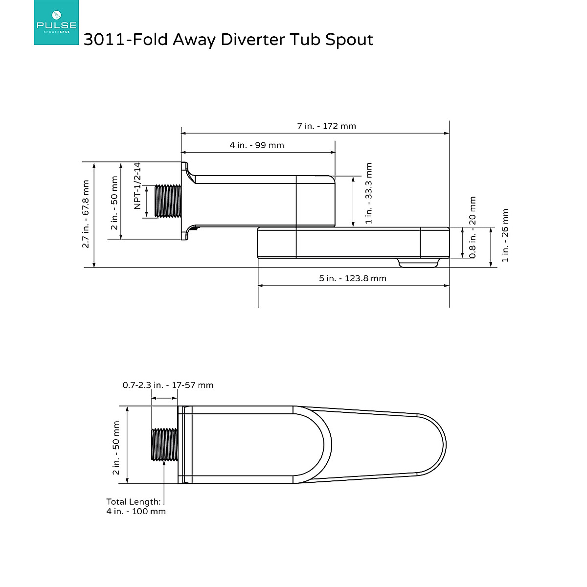 PULSE ShowerSpas 3011-TS-CH Fold Away Tub Spout and Diverter, 1/2" NPT Connection, Polished Chrome